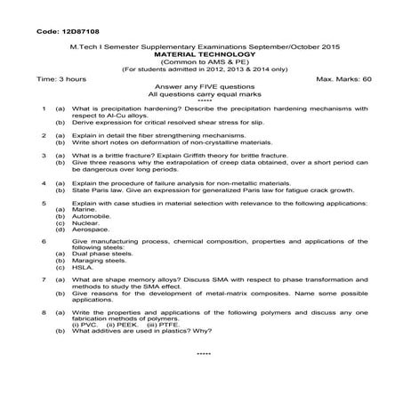 material technology previous question paper | PDF