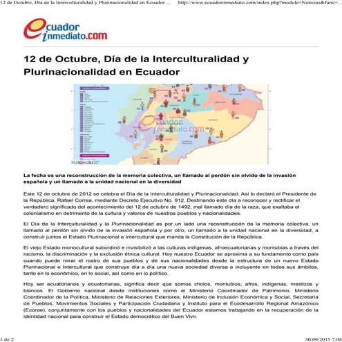 12 de octubre, día de la interculturalidad y plurinacionalidad en ...