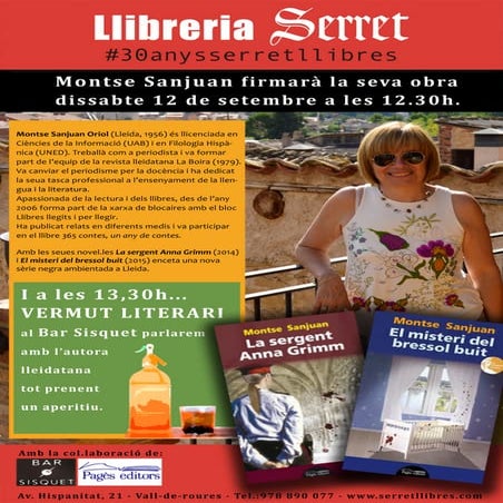 12 de setembre Vermut literari per la Presentació de Montse Sanjuan per presentar 'El misteri ...