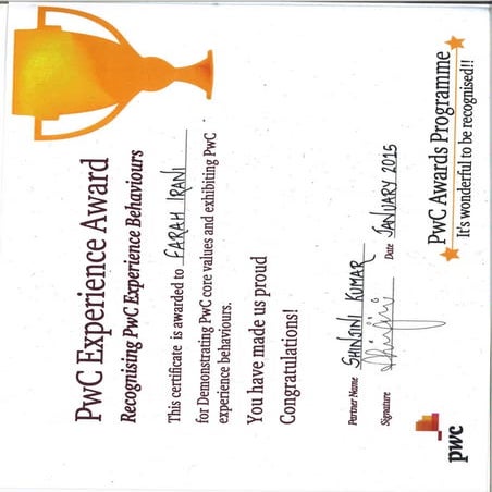 Farah Irani_PwC Experience award (1) | PDF