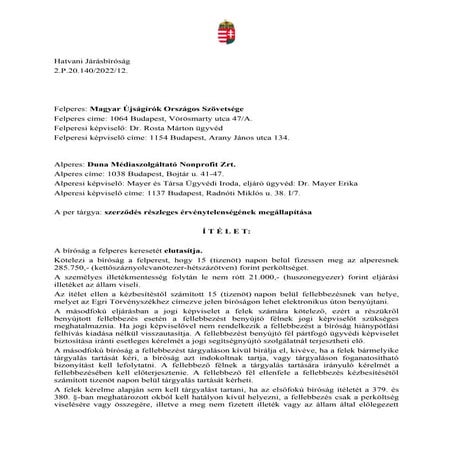 A Hatvani Járásbíróság ítélete a MÚOSZ vs Duna Médiaszolgáltató (MTI OS) perben | PDF