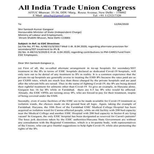 12th april letter to mo le esic | PDF