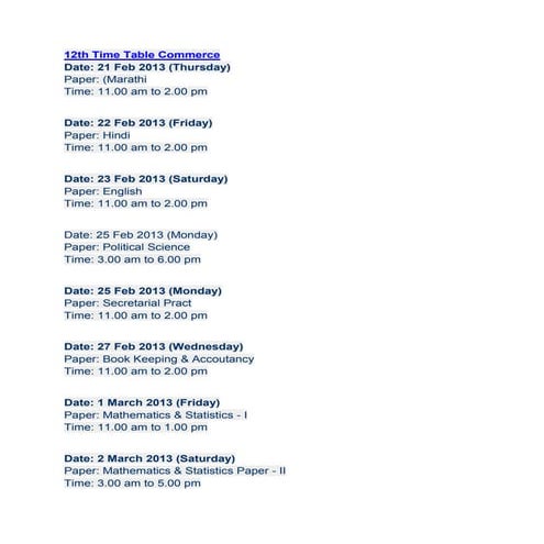 12th time table commerce | DOCX