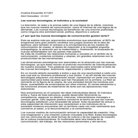 Las nuevas tecnologías, el individuo y la sociedad | DOCX