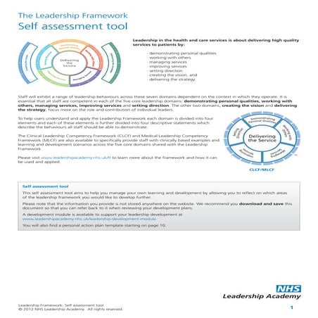 13.nhs leadership framework-leadership-frameworkselfassessmenttool | PDF