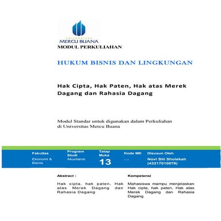13. hbl,novi siti sholekah, prof.dr.hapzi ali, cma , hak cipta, hak paten, hak atas merek dagang ...