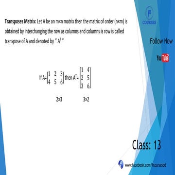 Transpose Of A Matrix With Example Class13 Matrix Basic Ppt 7212