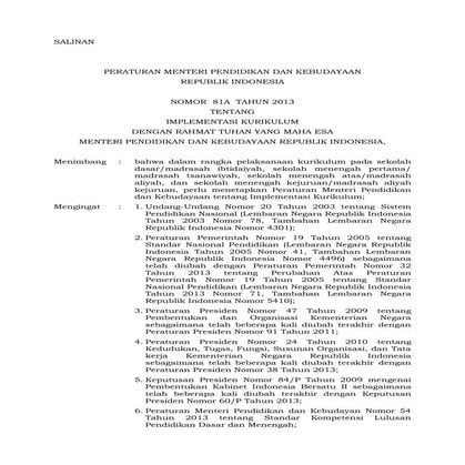 13 permendikbud-nomor-81a-tahun-2013-tentang-implementasi-kurikulum | PDF