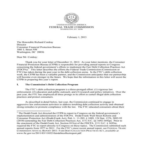 FTC Fair Debt Collection Practices Act Report to the CFPB (Feb. 2013) | PDF