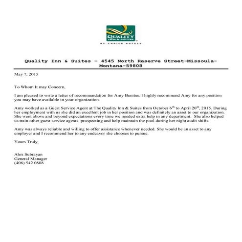 Letters of Recommendation | PDF | Hotels and Motels | Travel Type