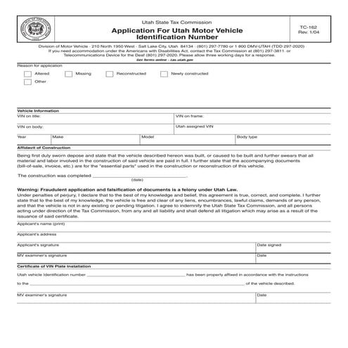 tax.utah.gov forms current tc tc-162 | PDF