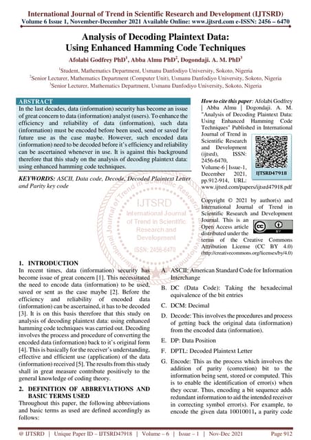 Analysis Of Decoding Plaintext Data Using Enhanced Hamming Code Techniques Pdf