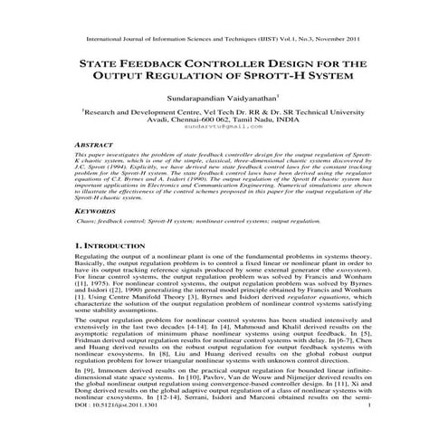 STATE FEEDBACK CONTROLLER DESIGN FOR THE OUTPUT REGULATION OF SPROTT-H SYSTEM | PDF