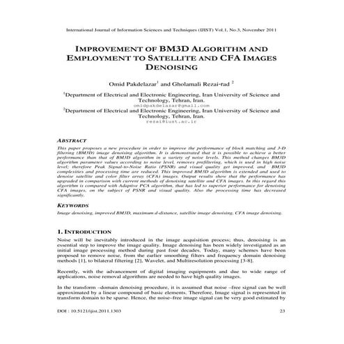 Improvement Of Bm3d Algorithm And Employment To Satellite And Cfa Images Denoising Pdf