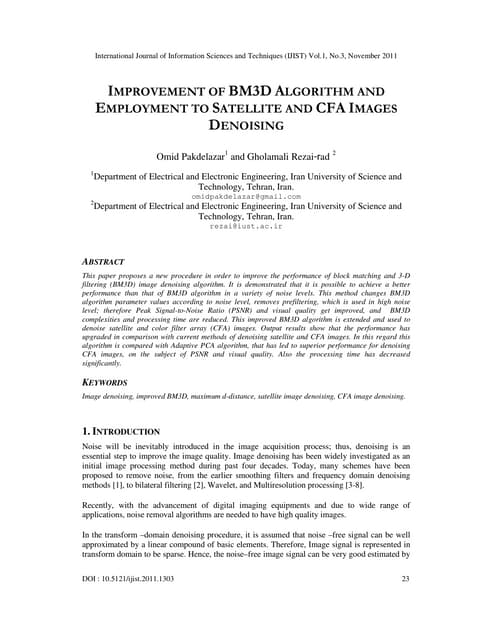 Improvement Of Bm3d Algorithm And Employment To Satellite And Cfa Images Denoising Pdf