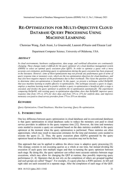 Re Optimization For Multi Objective Cloud Database Query Processing