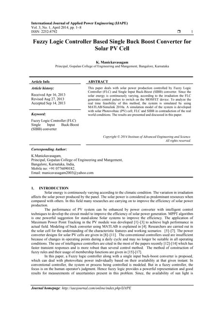 Fuzzy Logic Controller Based Single Buck Boost Converter For Solar Pv