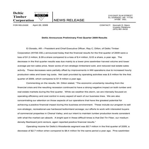 Q1 2009 Earning Report of Deltic Timber Corp | PDF