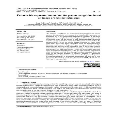 Enhance Iris Segmentation Method For Person Recognition Based On Image Processing Techniques Pdf