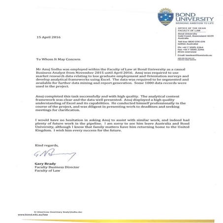 Reference Letter Law Bond University | PDF