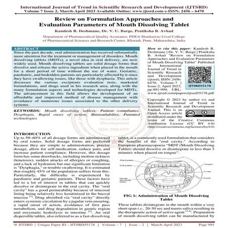Review On Formulation Approaches And Evaluation Parameters Of Mouth Dissolving Tablet Pdf