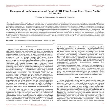 Design and Implementation of Parallel FIR Filter Using High Speed Vedic Multiplier | PDF