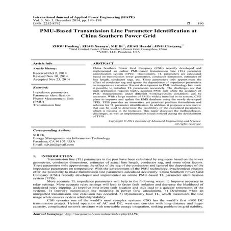 Pmu Based Transmission Line Parameter Identification At China Southern Power Grid Pdf