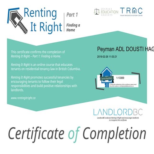 Renting it Right Certificate Peyman Adl Dousti Hagh | PPT