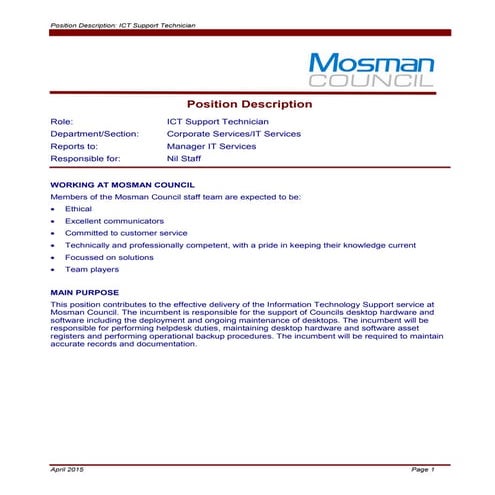 Position Description - ICT Support Technician PV-CS-1504 | PDF