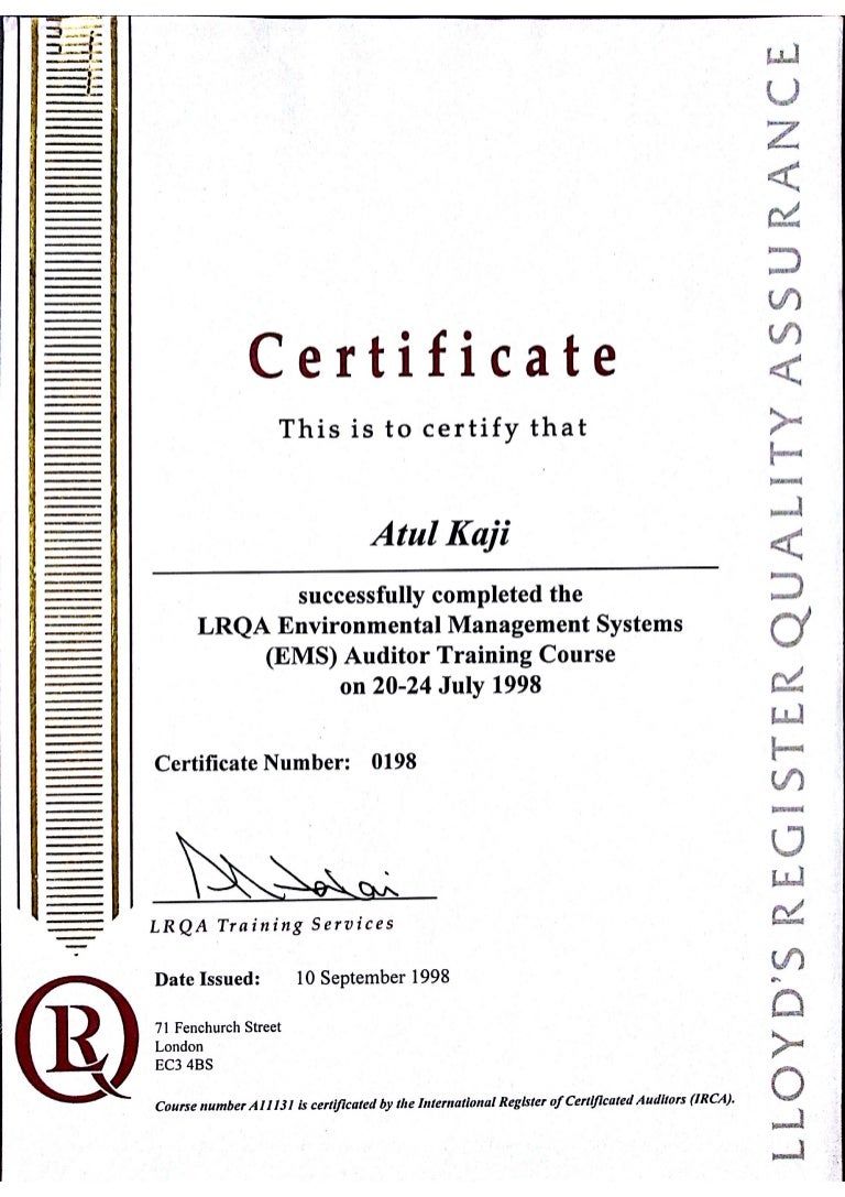 Certificate of ISO 14001 Training