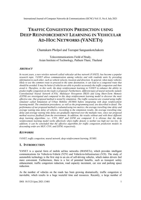 Traffic Congestion Prediction Using Deep Reinforcement Learning In Vehicular Ad Hoc Networks