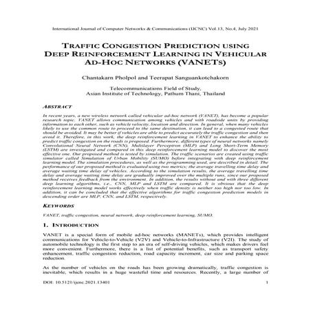 TRAFFIC CONGESTION PREDICTION USING DEEP REINFORCEMENT LEARNING IN VEHICULAR AD-HOC NETWORKS ...