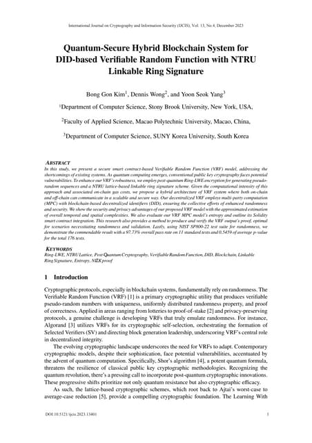 Quantum Secure Hybrid Blockchain System For Did Based Verifiable Random Function With Ntru