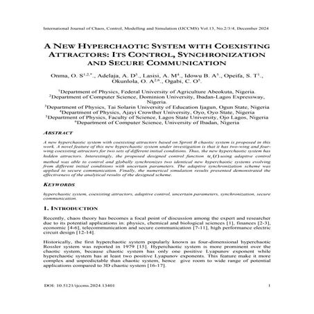 A NEW HYPERCHAOTIC SYSTEM WITH COEXISTING ATTRACTORS: ITS CONTROL, SYNCHRONIZATION AND SECURE ...