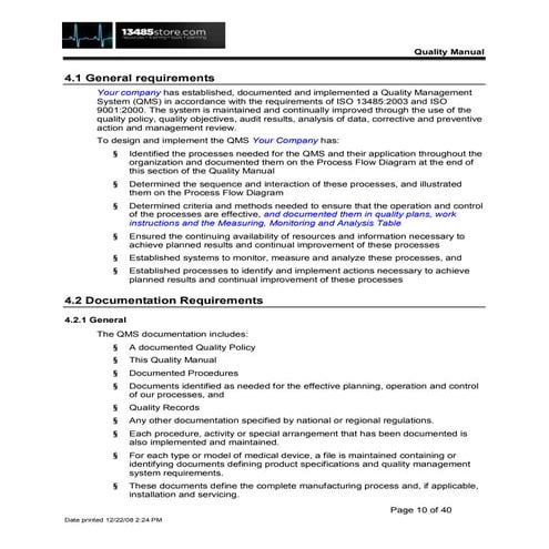 Sample ISO 13485 Quality Manual & Procedures Package | PDF