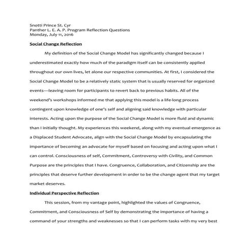 Panther L. E. A. P. Reflection Question Replies | PDF