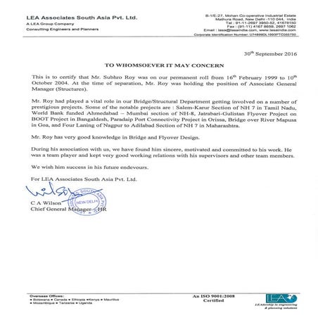 Experience Certificate from LEA Associate South Asia Delhi | PDF