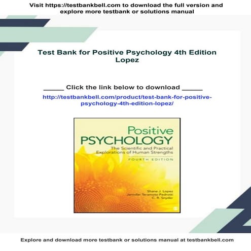 Test Bank for Positive Psychology 4th Edition Lopez | PDF