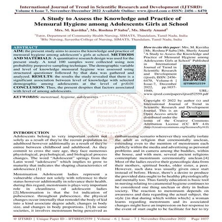 A Study to Assess the Knowledge and Practice of Mensural Hygiene among ...