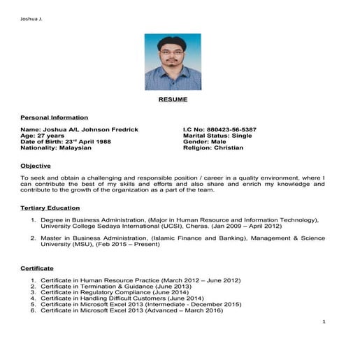 Resume Of Joshua - 29102015 | DOC