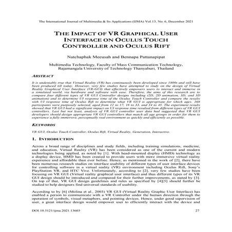 THE IMPACT OF VR GRAPHICAL USER INTERFACE ON OCULUS TOUCH CONTROLLER AND OCULUS RIFT | PDF