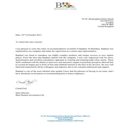 Raphael Al-Hamdani recommendation letter Blue Partners Inv. Ltd. | PDF
