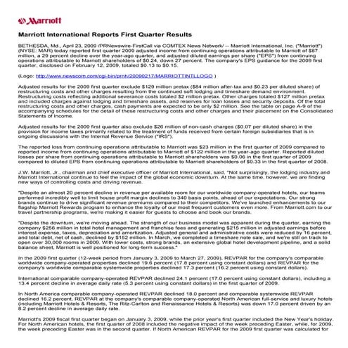 Q3 2009 Earning Report of Marriott International | PDF
