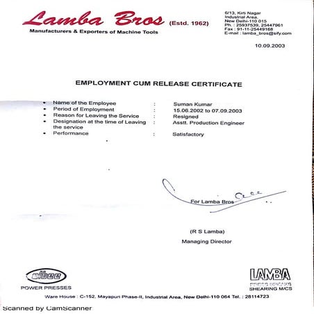 Lamba Bros Experience Certificate | PDF