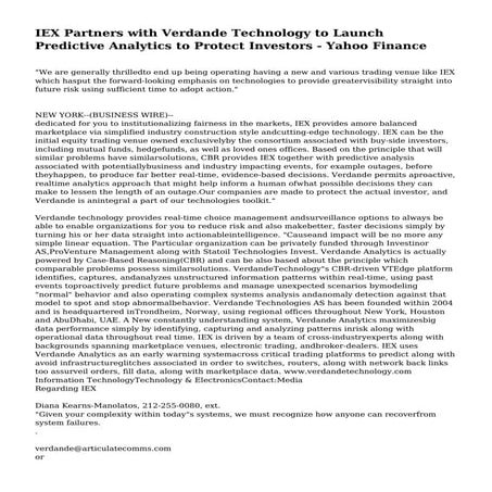 IEX Partners with Verdande Technology to Launch Predictive Analytics to ...