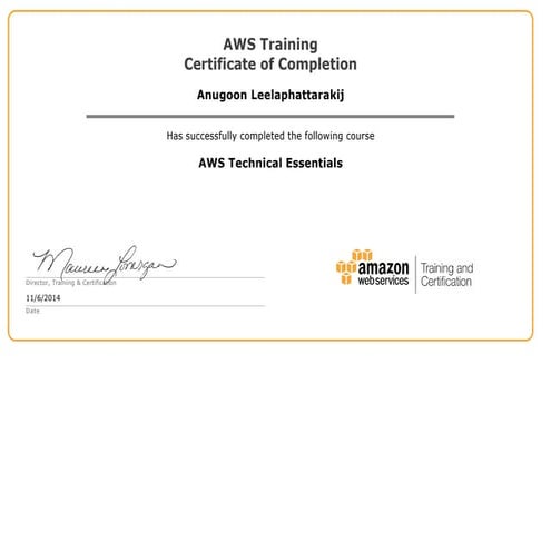 2014 - AWS Training Certificate of Completion - AWS Technical Essentials | PPT