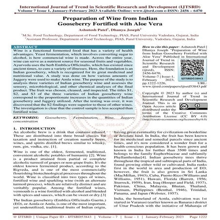 Preparation of Wine from Indian Gooseberry Fortified with Aloe Vera | PDF