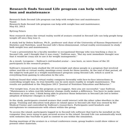 Research finds Second Life program can help with weight loss and ...