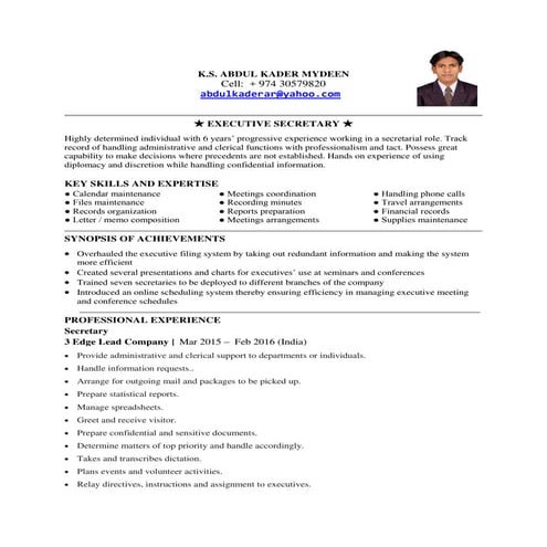 Abdul Kader Mydeen Resume of Executive Secretary | PDF
