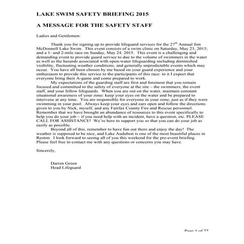 Combined Lake Swim 2015 Safety Plan | PDF
